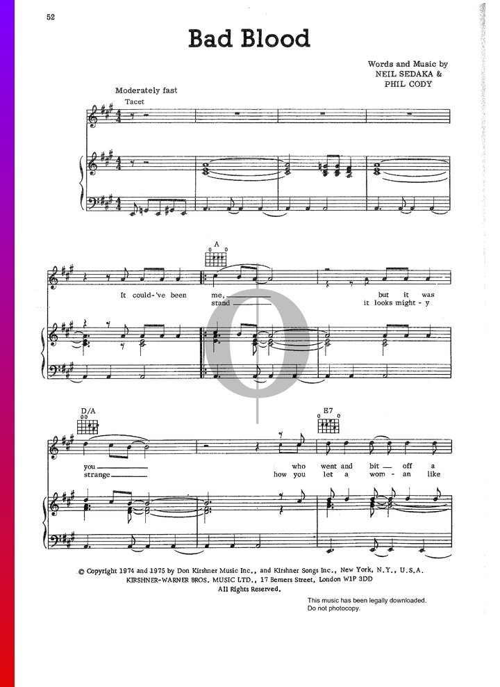 Bad Blood (Neil Sedaka) Piano Sheet Music - OKTAV