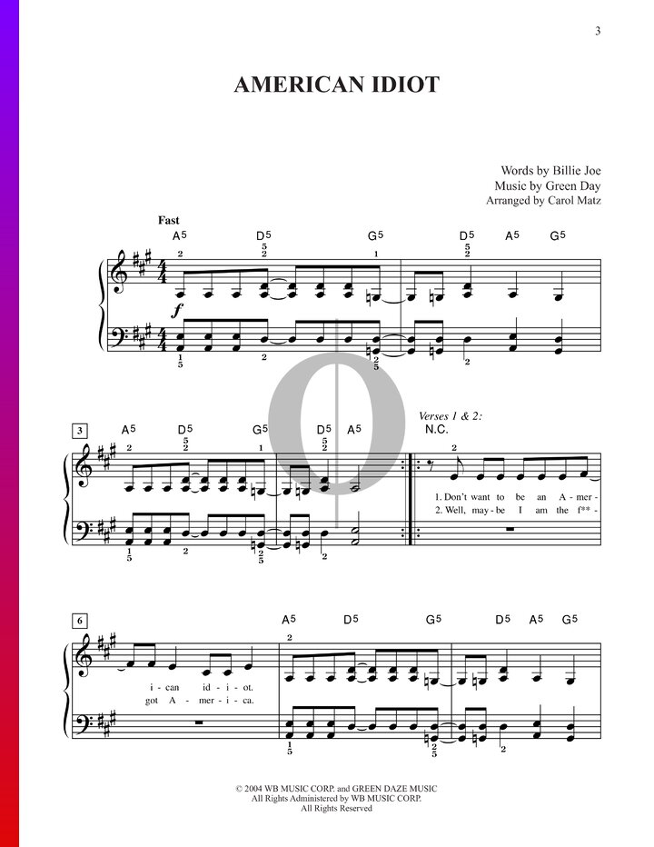 American Idiot (Green Day) Piano Sheet Music - OKTAV