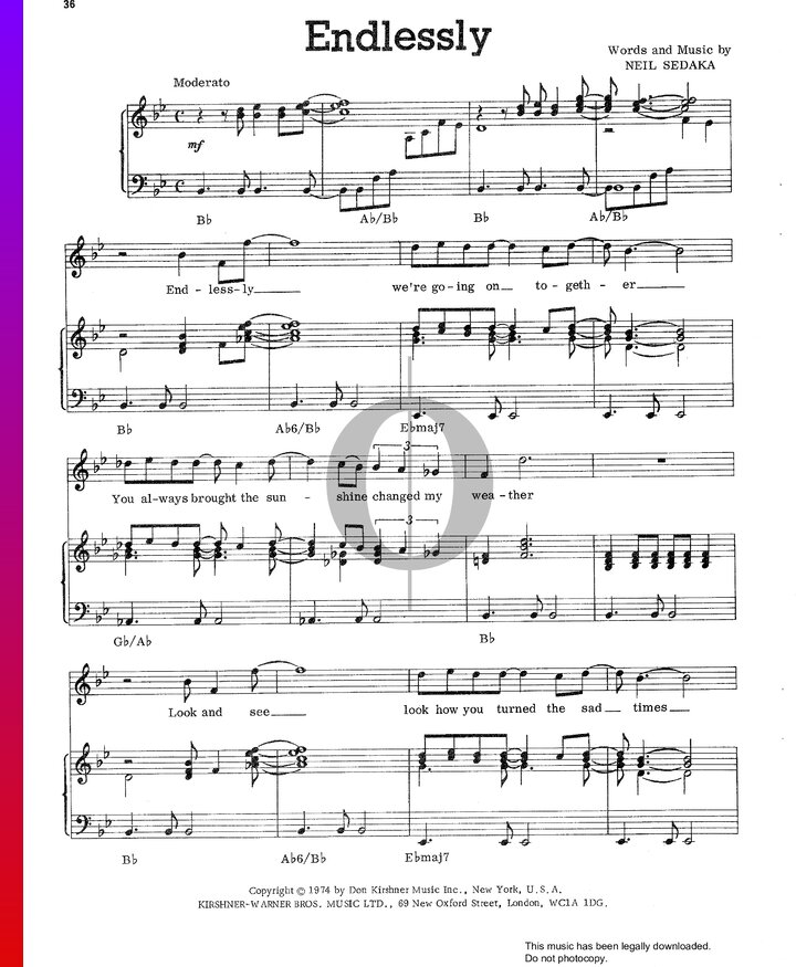 Endlessly (Neil Sedaka) Piano Sheet Music - OKTAV