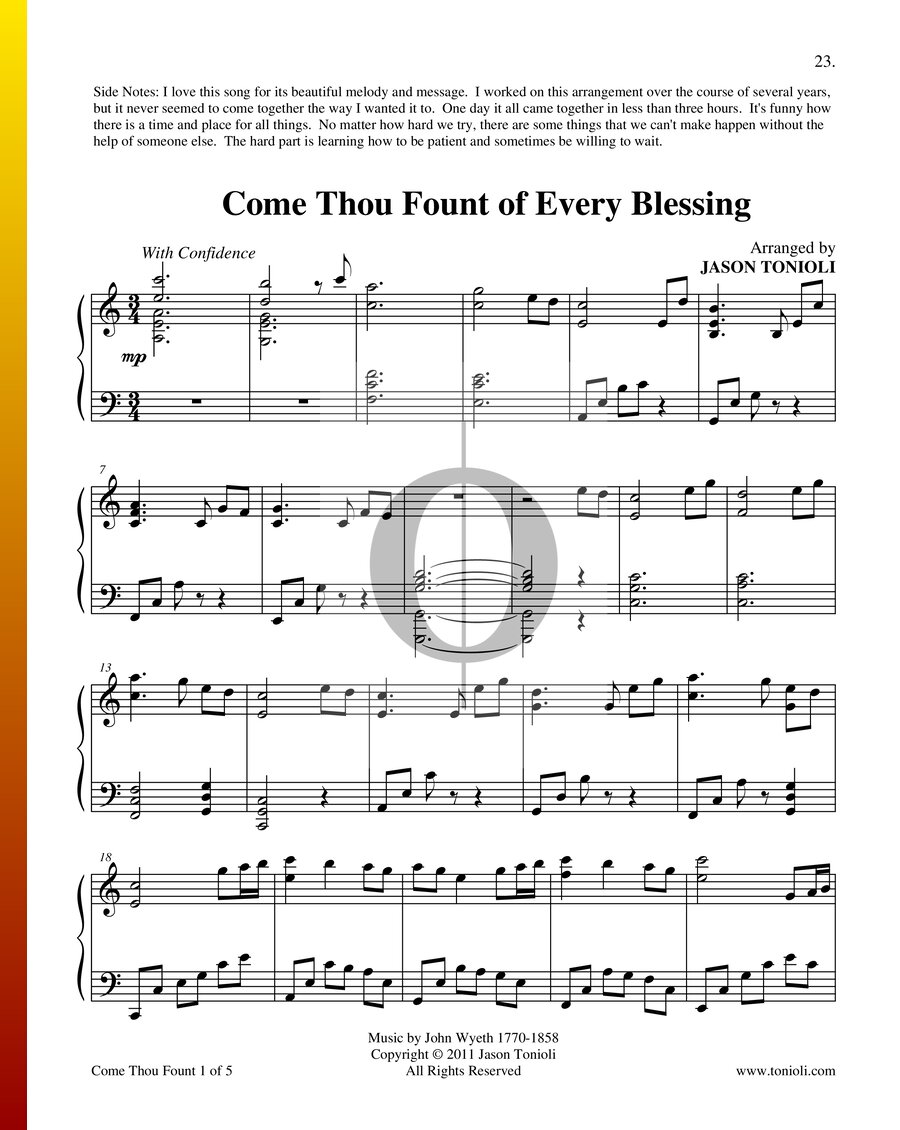 Come Thou Fount Of Every Blessing (John Wyeth) Piano Sheet Music - OKTAV