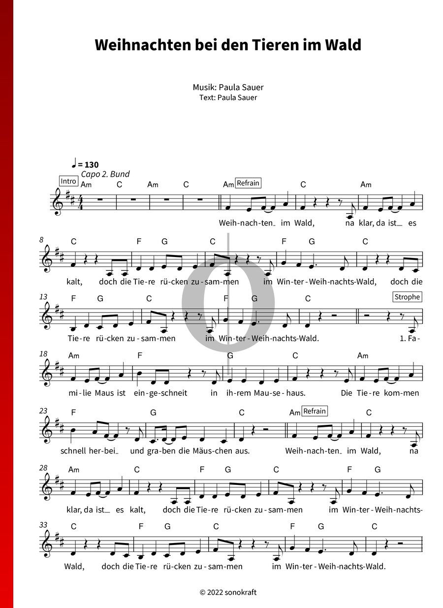 Weihnachten bei den Tieren im Wald (Paula Sauer) Piano Sheet Music - OKTAV