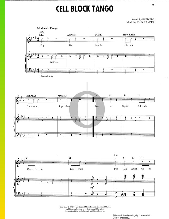 Cell Block Tango (John Kander) Piano Sheet Music - OKTAV