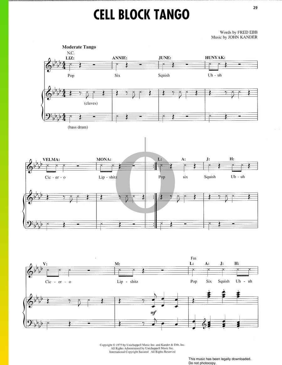 Cell Block Tango (John Kander) Piano Sheet Music - OKTAV