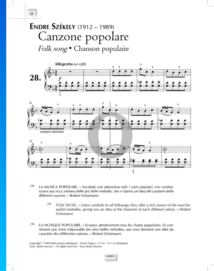 Folk Song (Endre Székely) Piano Sheet Music - OKTAV