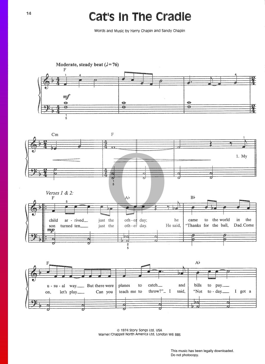 Cat's In The Cradle (Harry Chapin) Piano Sheet Music - OKTAV