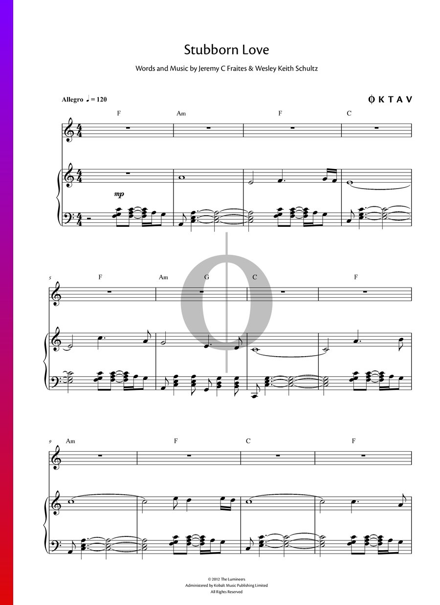Stubborn Love (The Lumineers) Piano Sheet Music - OKTAV