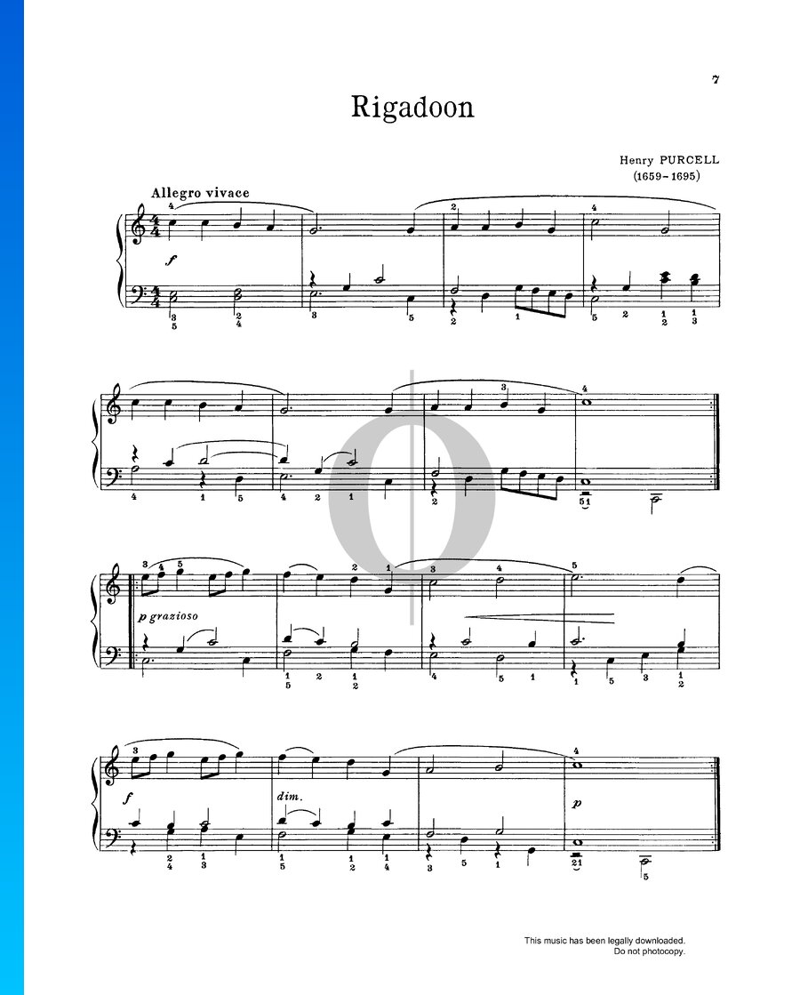 Rigadoon in C Major, Z. 653 door Henry Purcell | piano bladmuziek ...