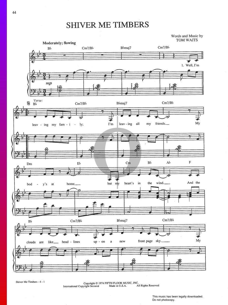 Shiver Me Timbers (Tom Waits) Piano Sheet Music - OKTAV