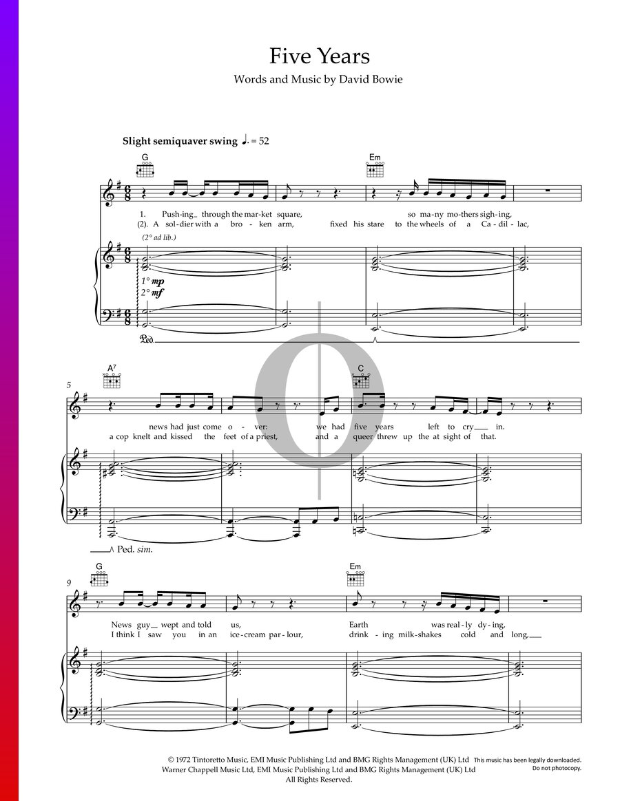 Five Years (David Bowie) Piano Sheet Music - OKTAV