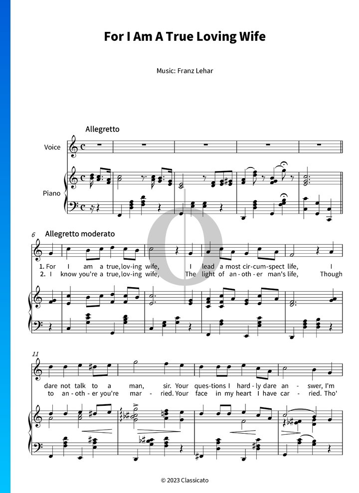 For I Am A True Loving Wife (Franz Lehár) Piano Sheet Music - OKTAV