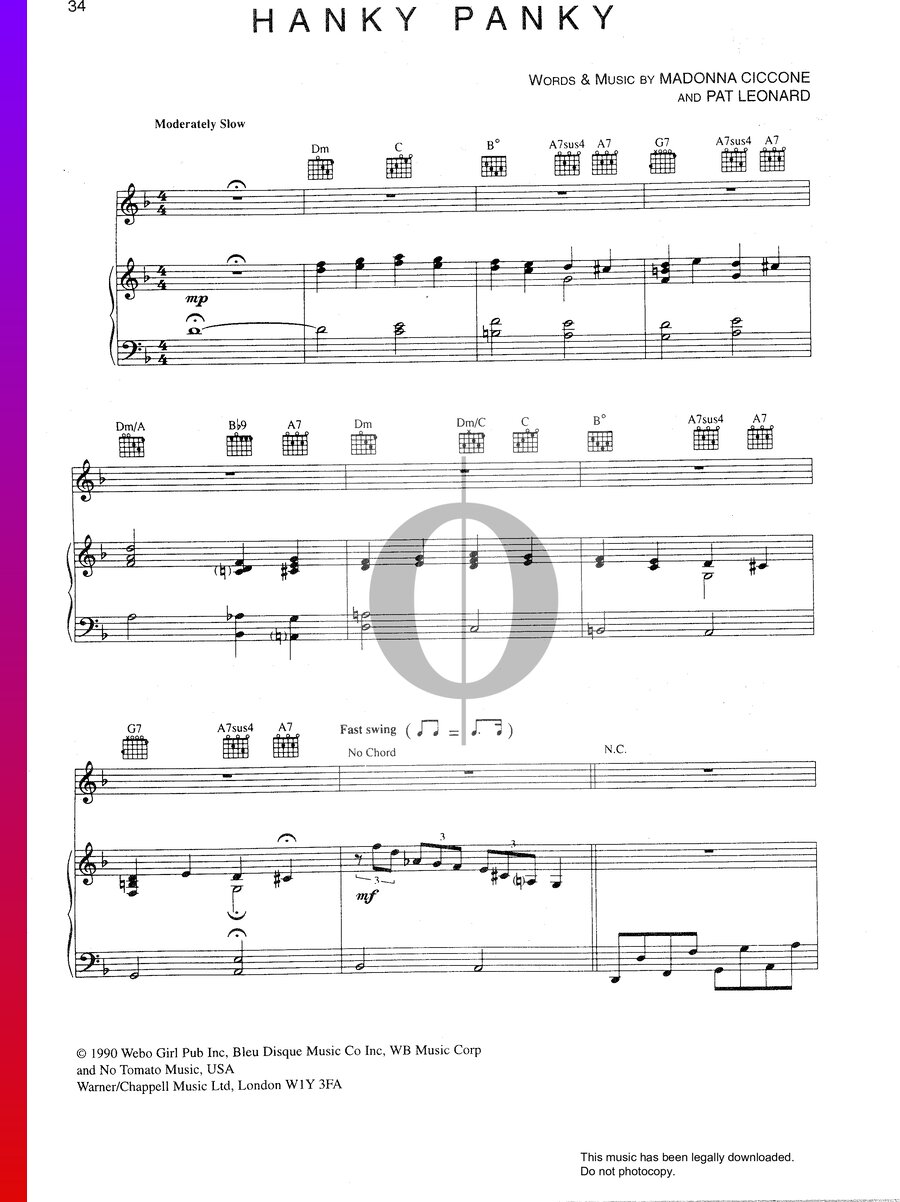 Hanky Panky (Madonna) Piano Sheet Music - OKTAV
