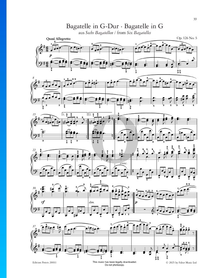 Bagatelle in G Major, Op. 126 No. 5 (Ludwig van Beethoven) Piano Sheet ...