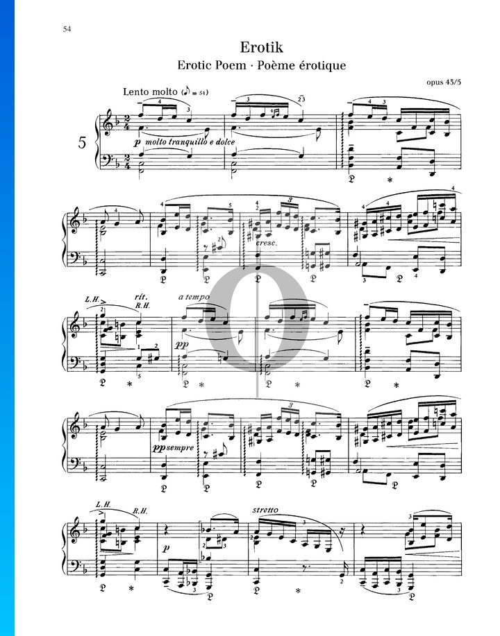 Lyric Pieces, Op. 43 No. 5: Erotic Poem (Edvard Grieg) Piano Sheet Music - OKTAV