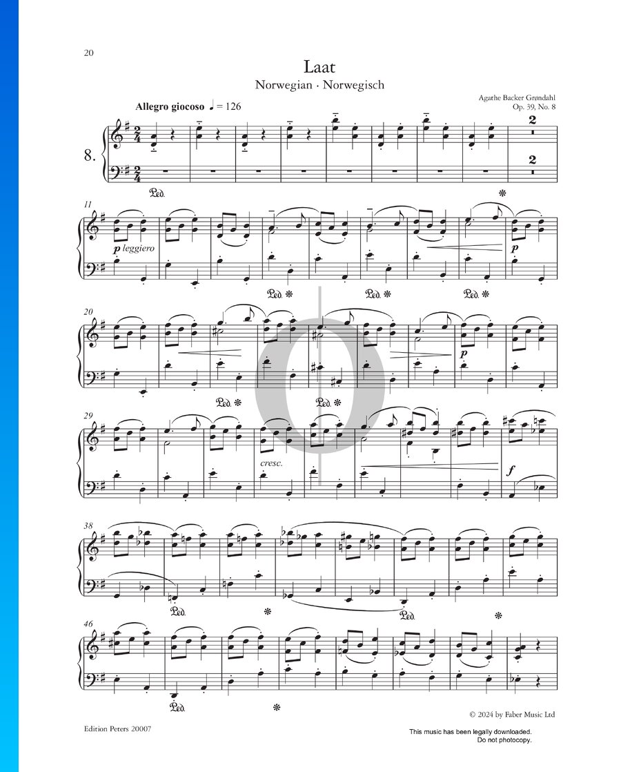 Norwegian, Op. 39 No. 8 (Agathe Backer Grøndahl) Piano Sheet Music - OKTAV
