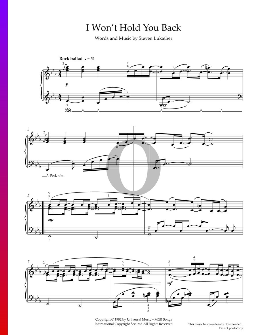I Won't Hold You Back (Toto) Piano Sheet Music - OKTAV