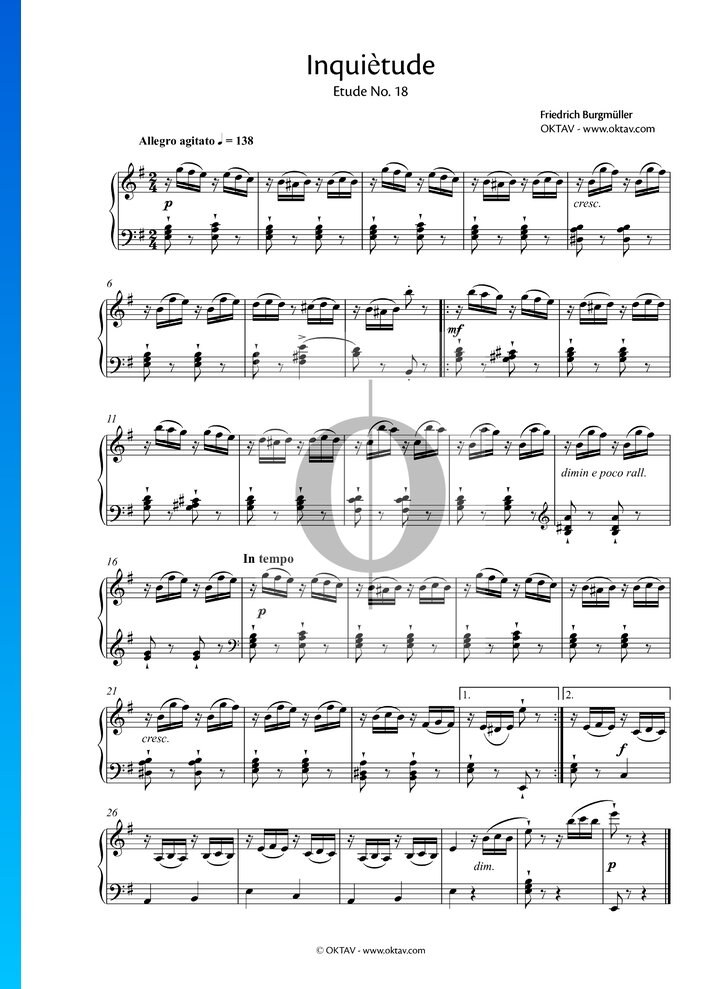 Inquiètude, Op. 100 No. 18 (Johann Friedrich Burgmüller) Piano Sheet ...