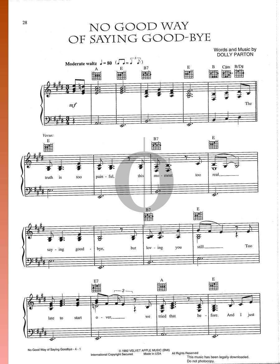 No Good Way Of Saying Goodbye (Dolly Parton) Piano Sheet Music - OKTAV