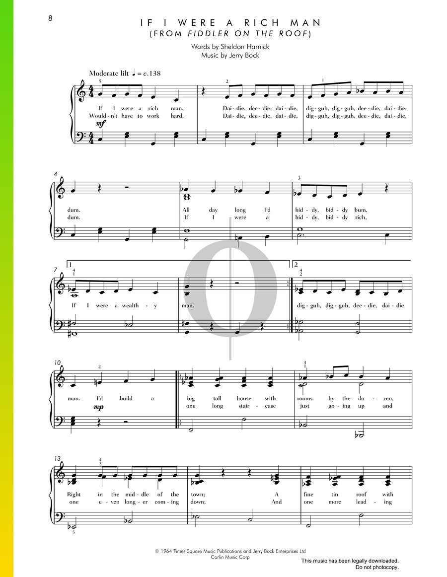 If I Were A Rich Man (Jerry Bock) Piano Sheet Music - OKTAV