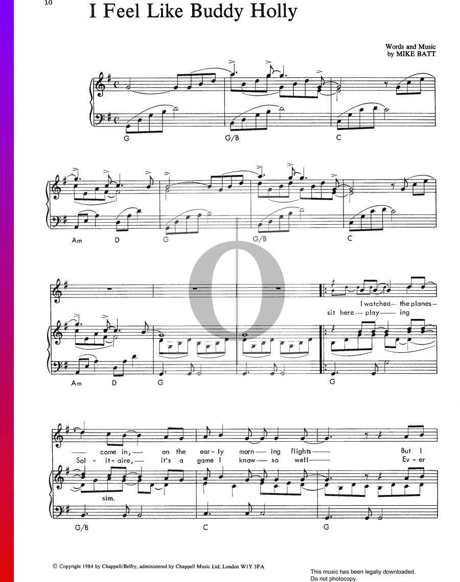 I Feel Like Buddy Holly (Mike Batt) Piano Sheet Music - OKTAV
