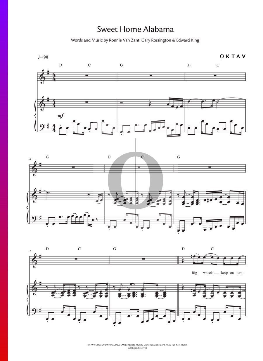 Sweet Home Alabama (Lynyrd Skynyrd) Piano Sheet Music - OKTAV