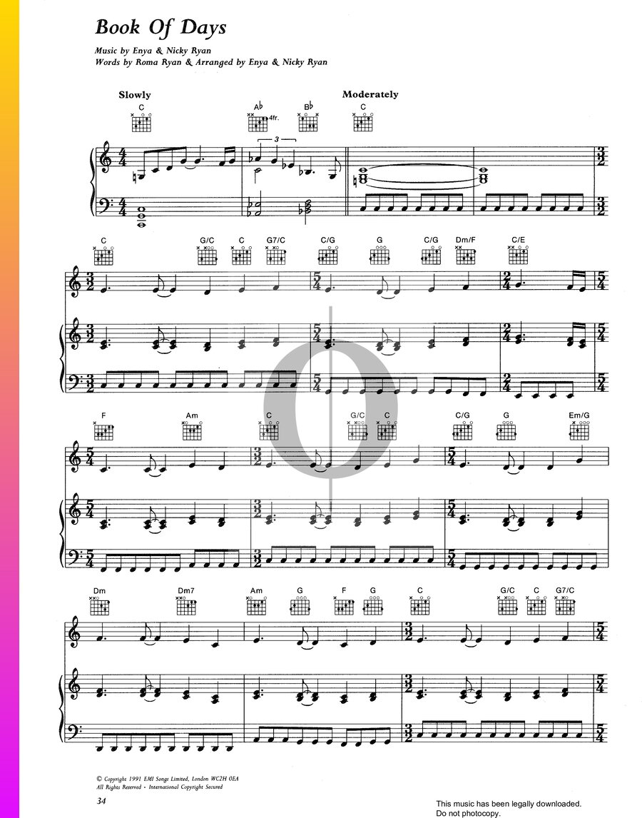Book Of Days (Enya) Piano Sheet Music - OKTAV