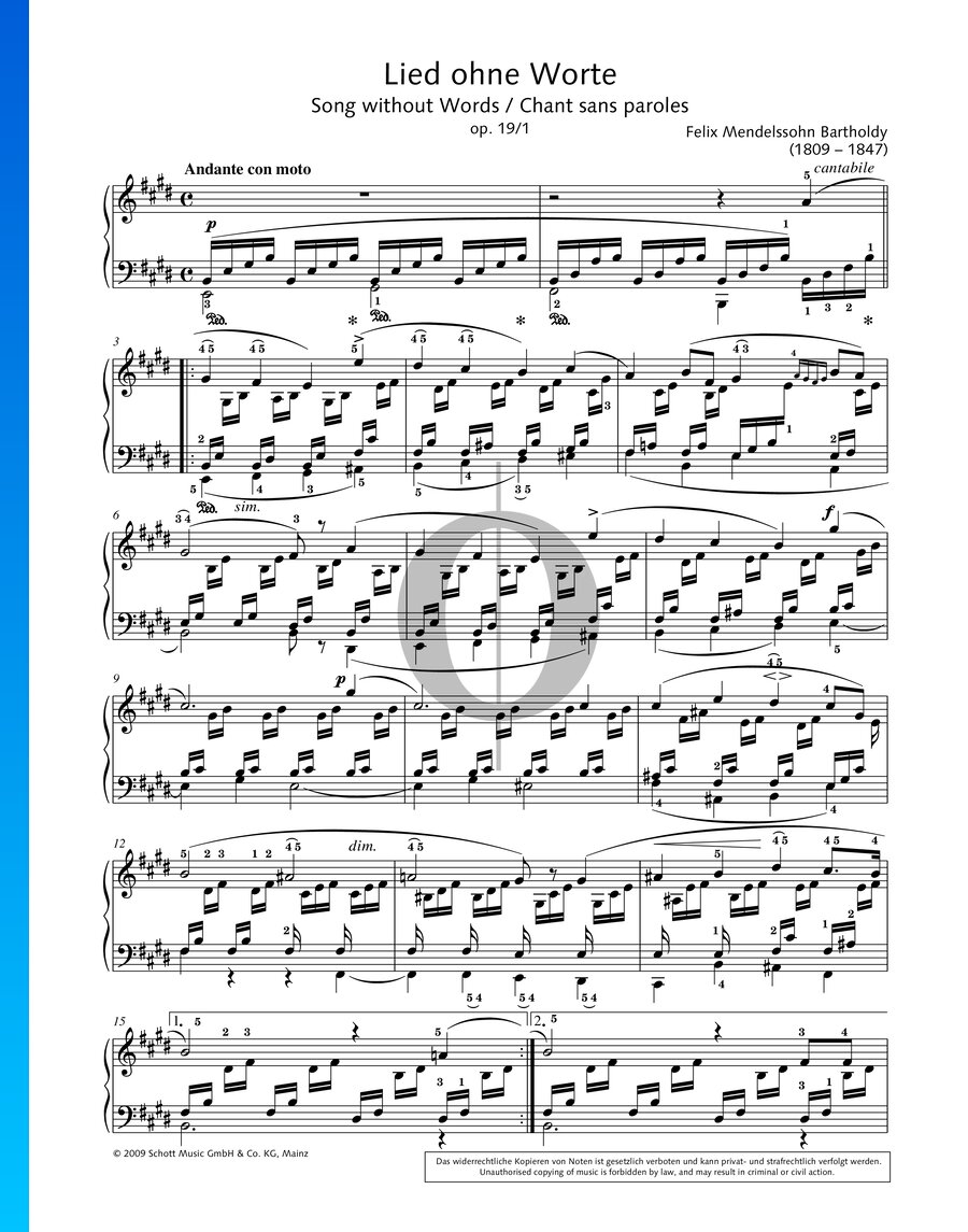 Song Without Words, Op. 19 No. 1 Sheet Music (Piano Solo) | PDF ...