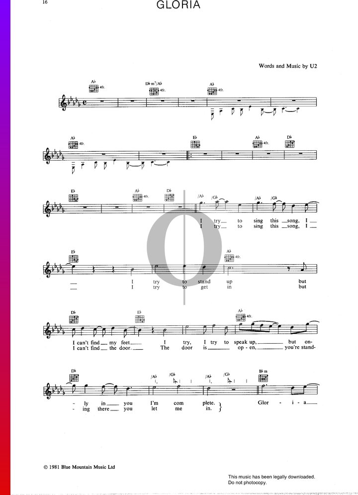 Gloria (U2) Piano Sheet Music - OKTAV